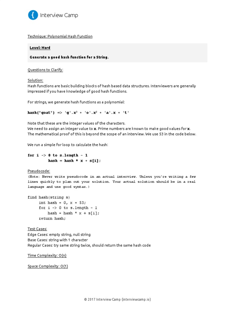 Interview Camp: Level: Hard Generate A Good Hash Function For A String ...