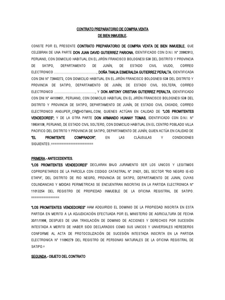 Contrato Preparatorio de Compra Venta - Juan Gutierrez | PDF | Derecho contractual | Justicia