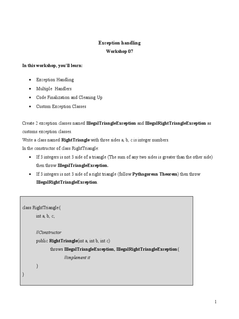 Exception handling workshop 07 | PDF | Programming | Constructor (Object Oriented Programming)