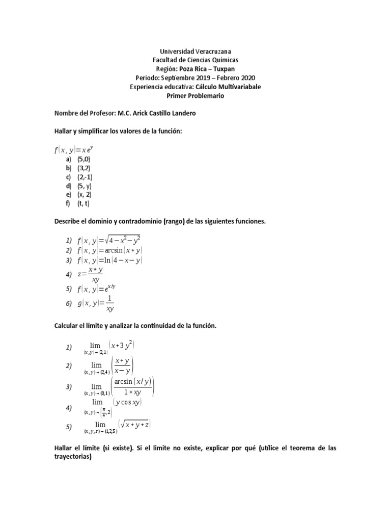 Primer Problemario | PDF | Funciones y mapeos | Análisis matemático