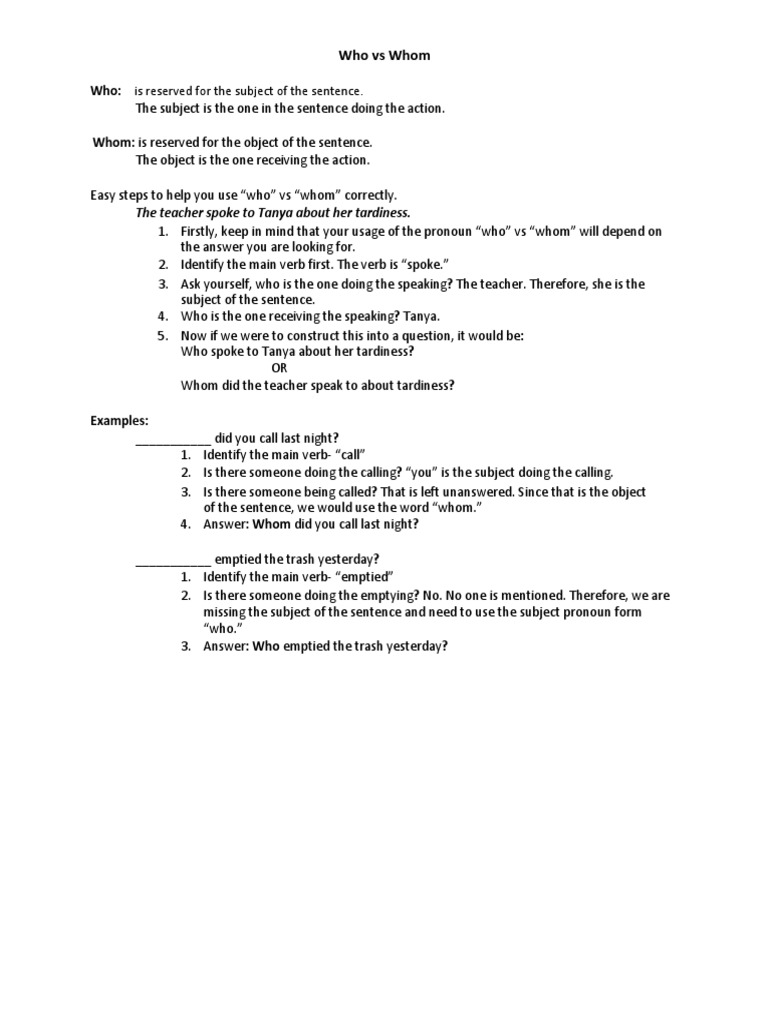 Who Vs Whom Handout | PDF | Subject (Grammar) | Verb