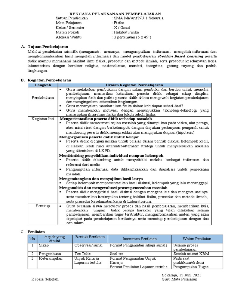 RPP Fisika Kelas 10 | PDF