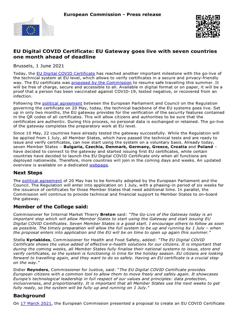 EU Digital COVID Certificate EU Gateway Goes Live With Seven Countries ...