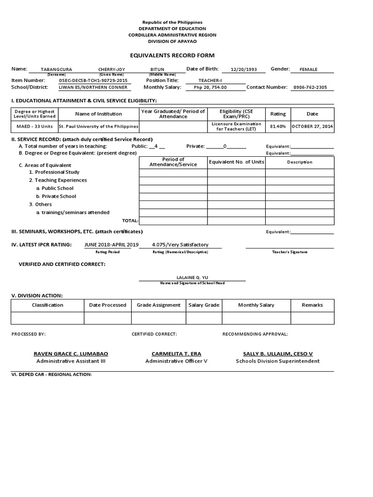 DepEd Equivalents Record Form Review | PDF | Bachelor Of Science | Teachers