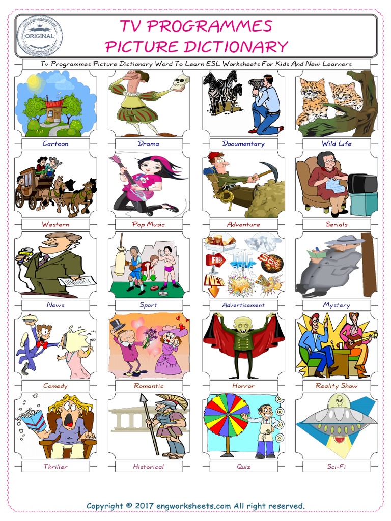TV Programmes Picture Dictionary Word To Learn ESL Worksheets For Kids ...