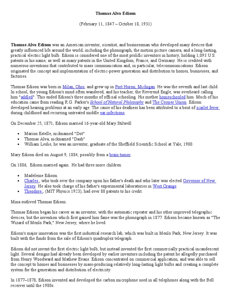 Thomas Alva Edison | PDF | Thomas Edison