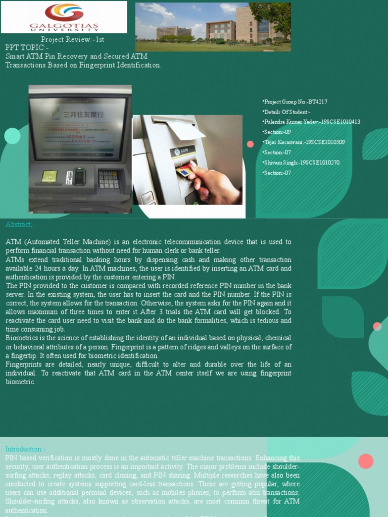 Project Review:-1st PPT Topic:-Smart ATM Pin Recovery and Secured ATM Transactions Based On ...