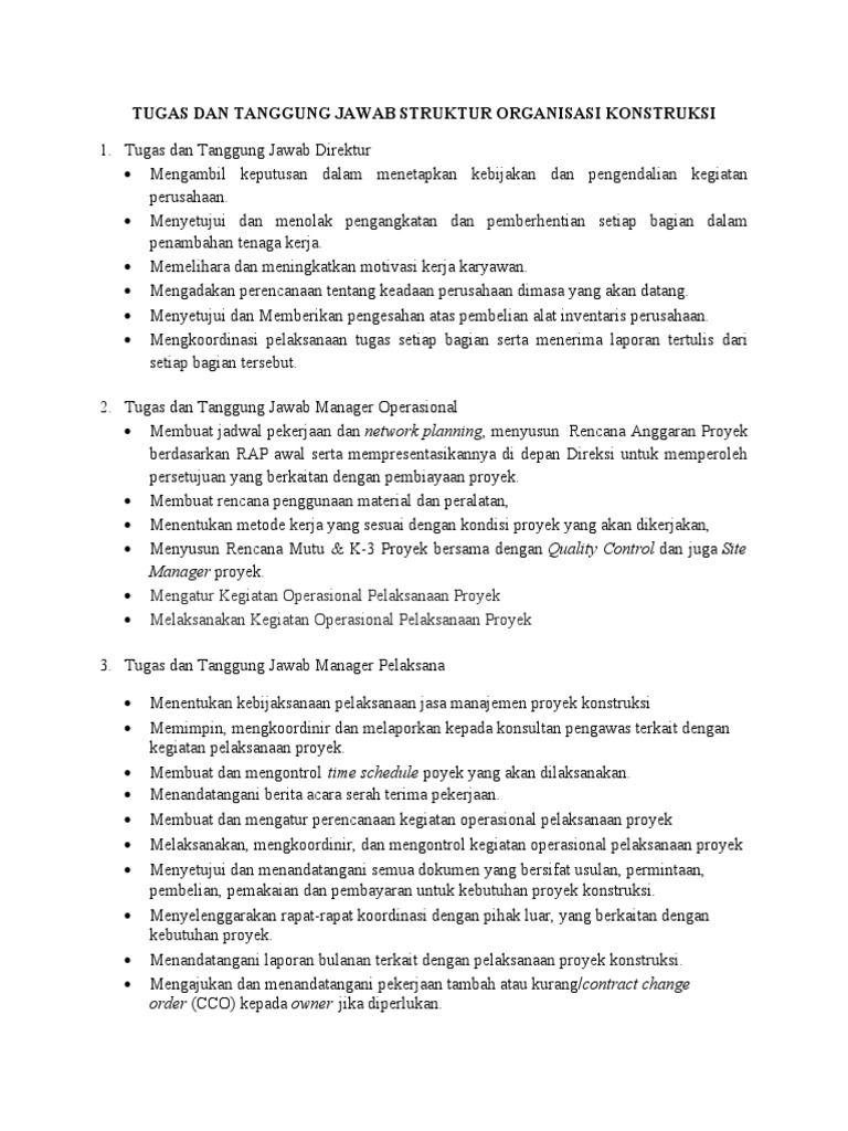 Tugas Dan Tanggung Jawab Struktur Organisasi Konstruksi | PDF Tugas Dan Tanggung Jawab Struktur Organisasi Konstruksi | PDF