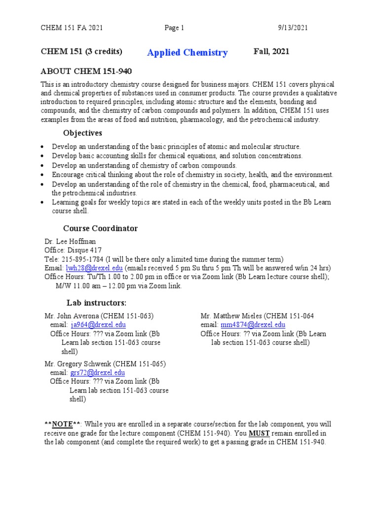 CHEM 151 Syllabus | PDF | Internet Forum | Chemical Substances