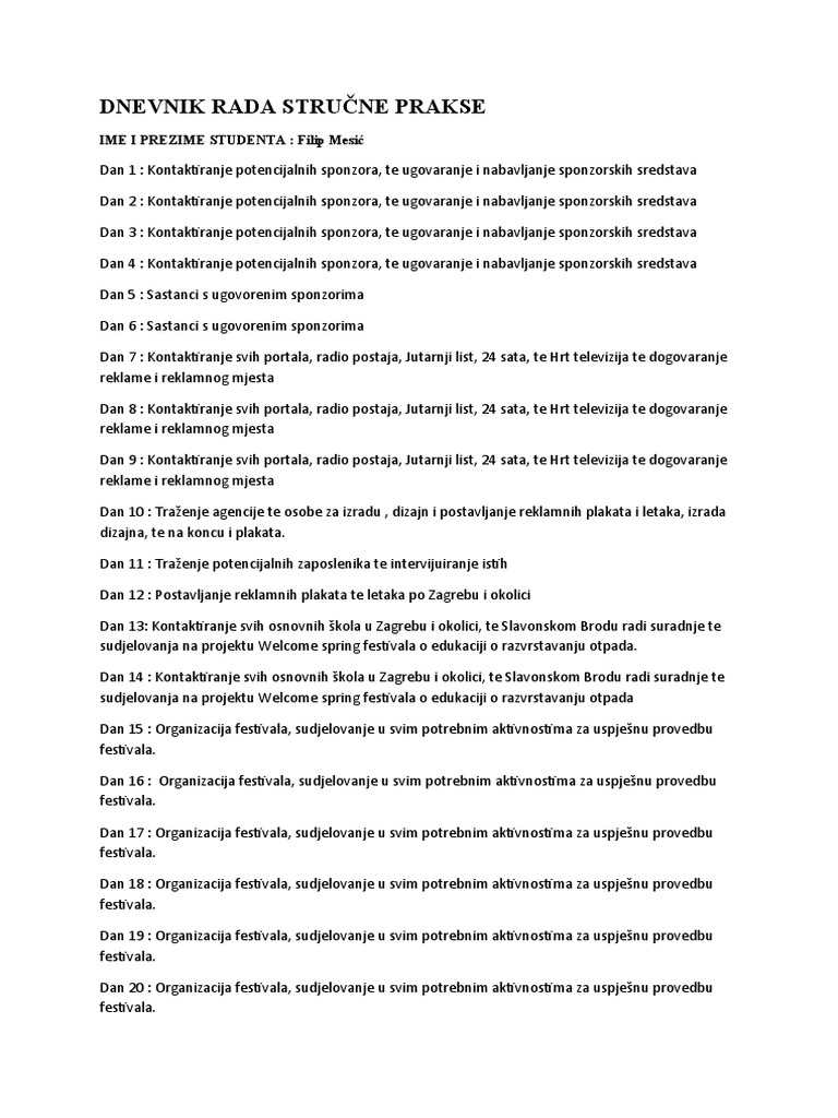 Dnevnik Rada Stručne Prakse | PDF