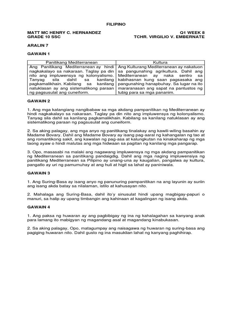 Answer Key Grade 10 Filipino Modyul 8 Q1 Week 8 PDF