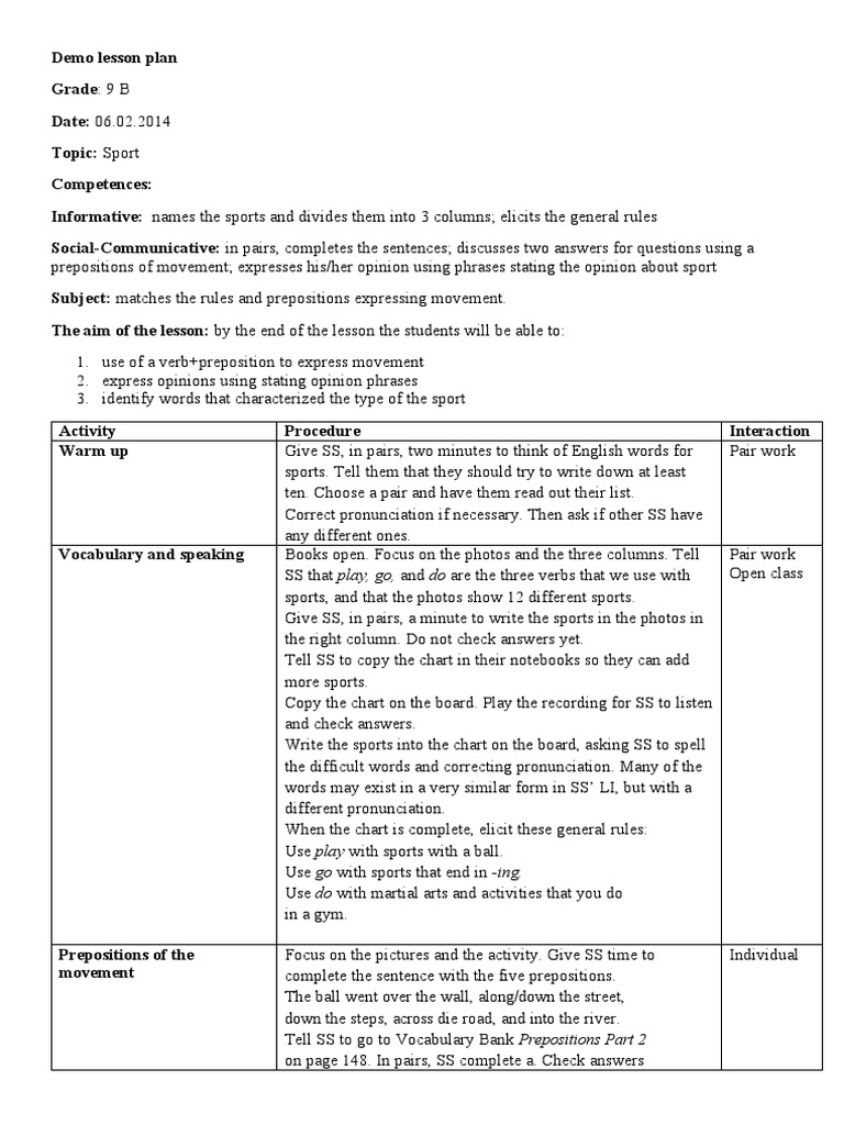 Demo Lesson Plan Sport | PDF | English Language | Word
