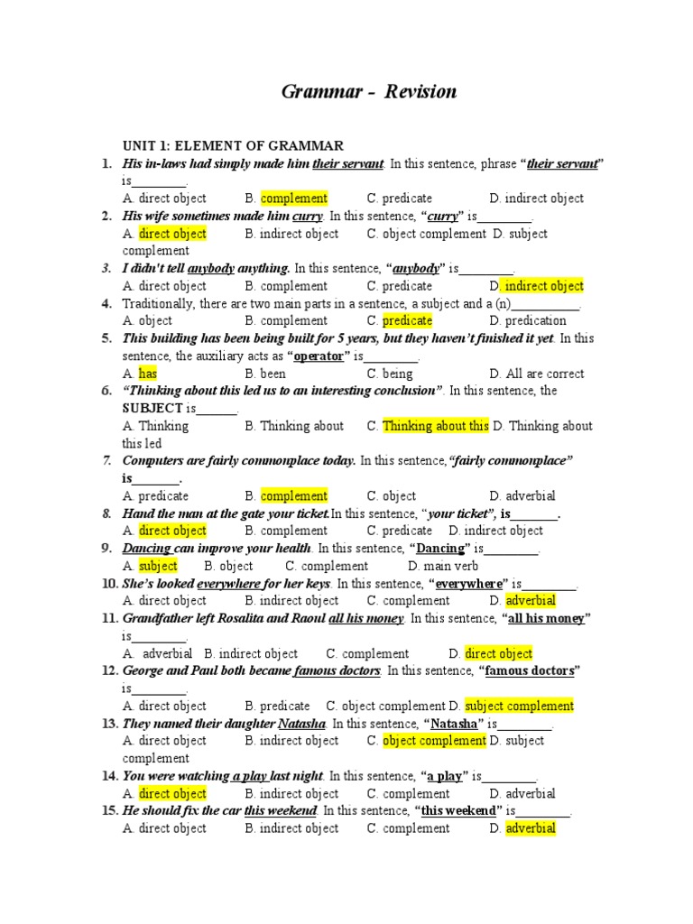 Grammar - Revision: Unit 1: Element of Grammar | PDF | Verb ...