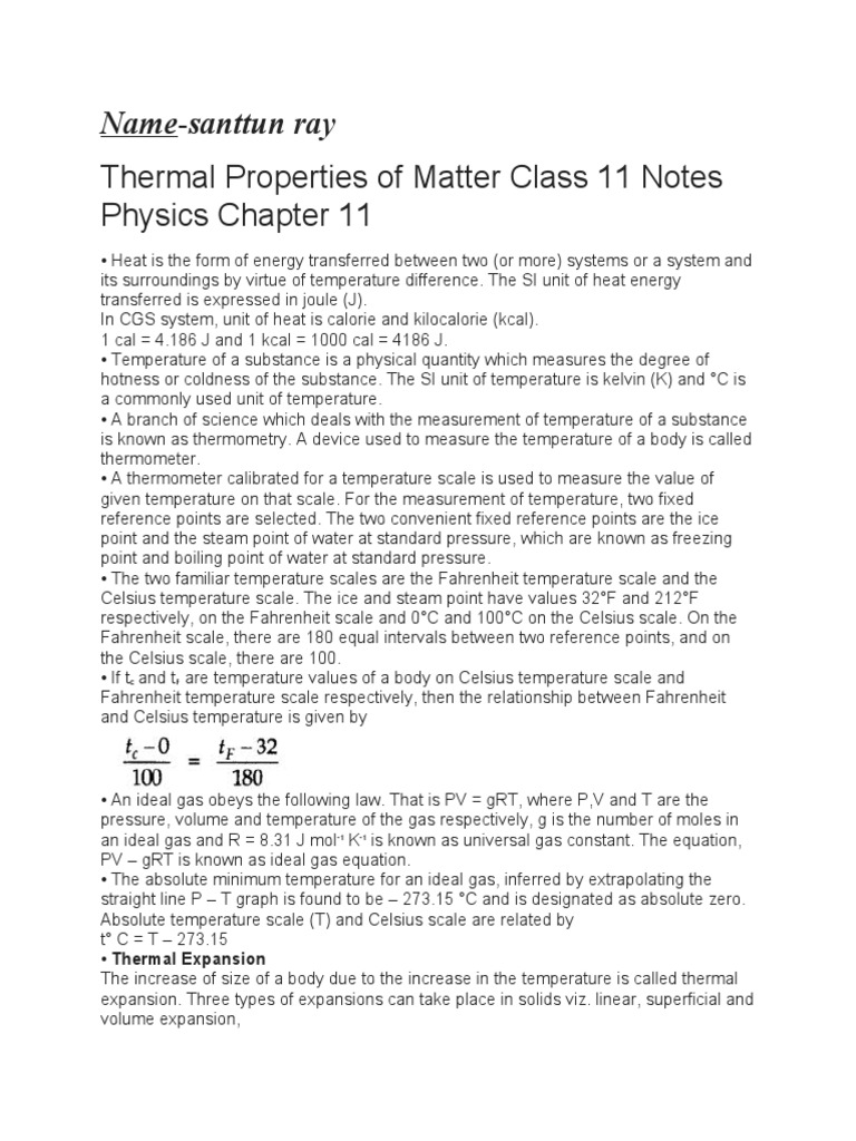 Thermal Properties of Matter Class 11 Notes Physics Chapter 11 | PDF ...