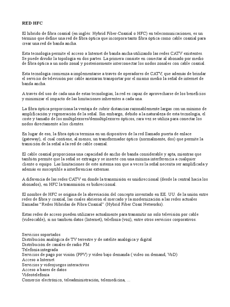 Red HFC | PDF | Equipo de telecomunicaciones | Ingeniería de difusión