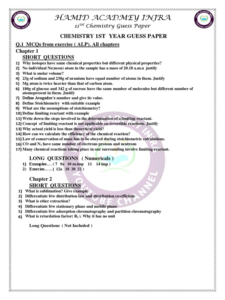 2024 1st Year Chemistry Guess Paper | PDF | Electron | Chemical Bond