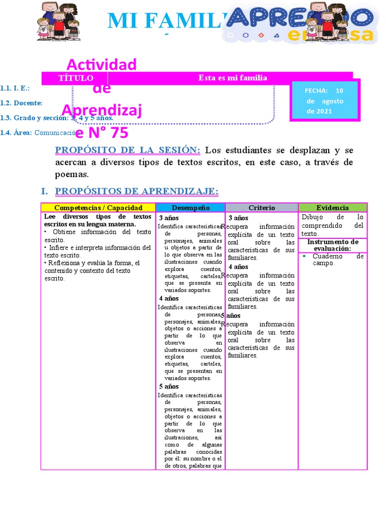 Actividad Infantil: Mi Familia Única | PDF | Evaluación | Aprendizaje