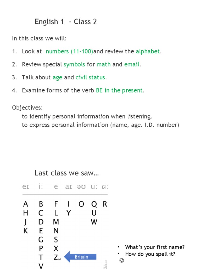 English 1 - Class 2: Numbers (11-100) Alphabet Symbols Math Email Age ...