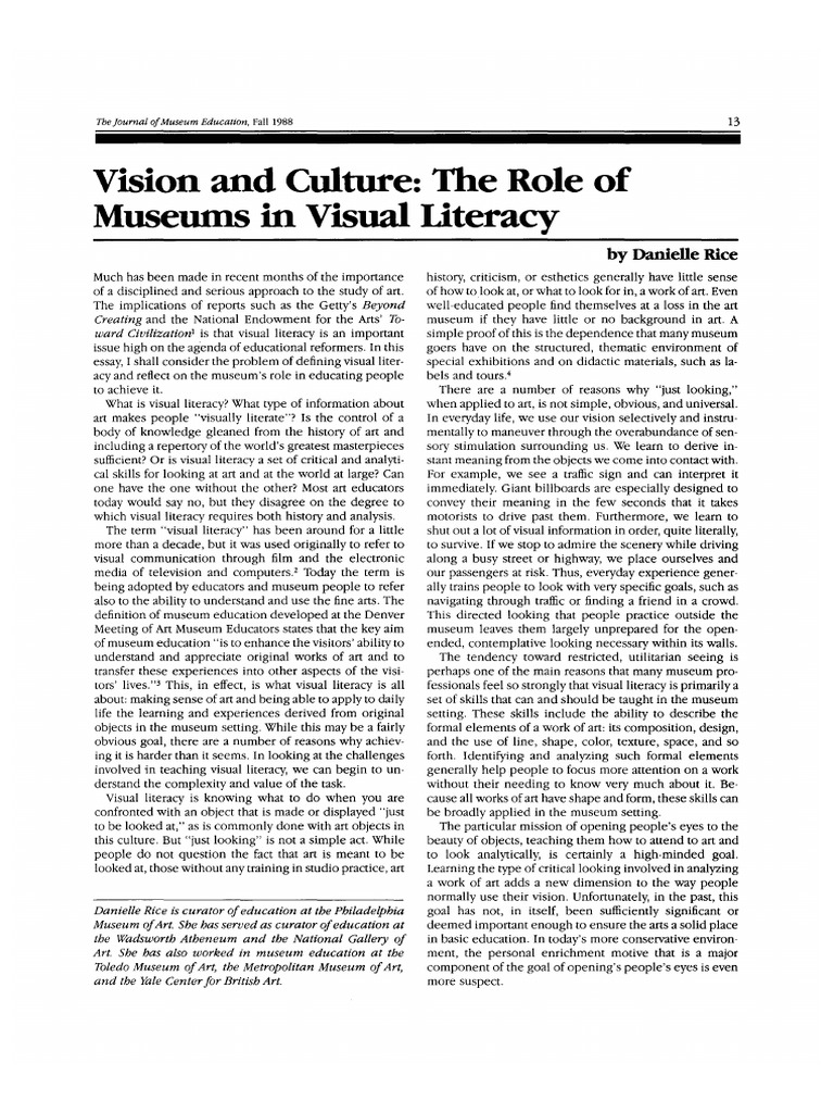 Rice, Danielle. Vision and Culture, The Role of Museums in Visual ...