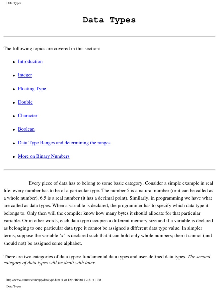 Data Types: Category of Data Types Will Be Dealt With Later | Download Free PDF | Integer ...