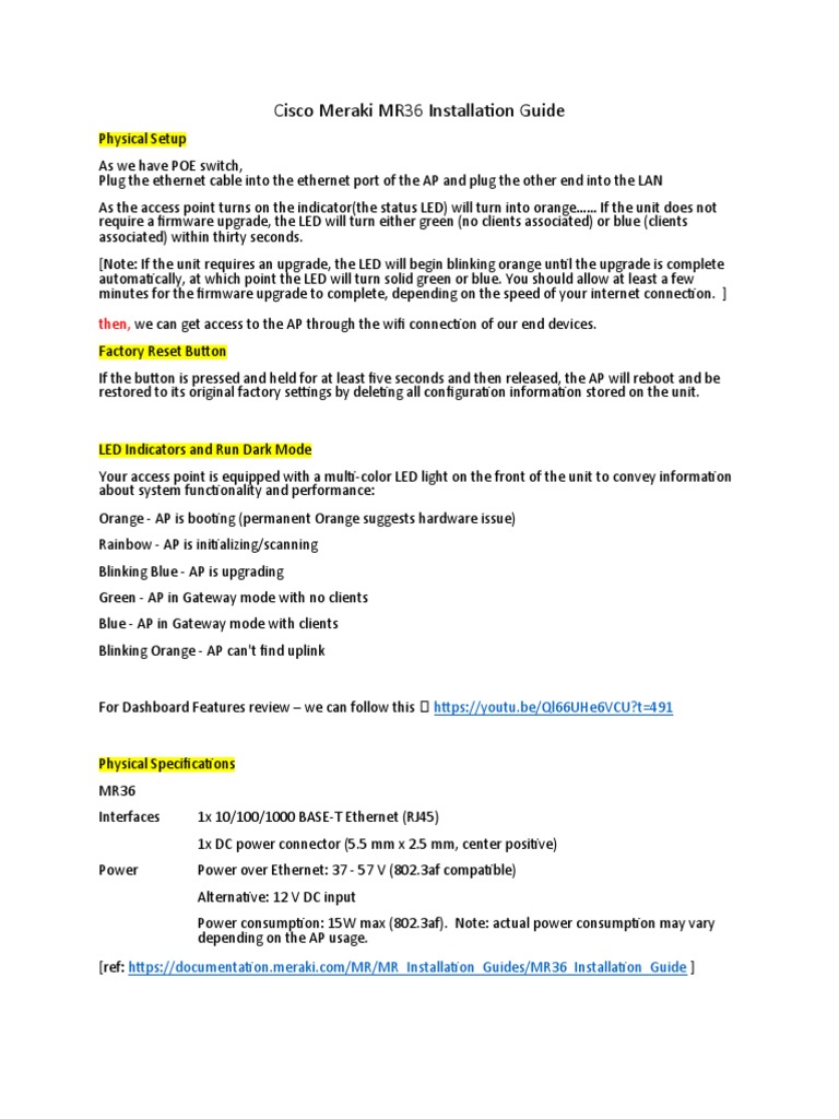 Cisco Meraki MR36 Installation Guide | PDF