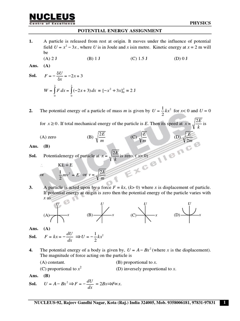 Physics Potential Energy Assignment 1.: U X U X U X U | PDF | Potential ...