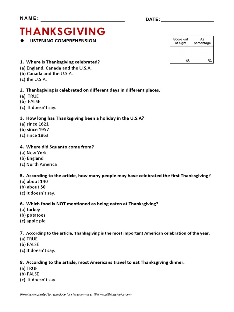 Thanksgiving: Listening Comprehension | PDF