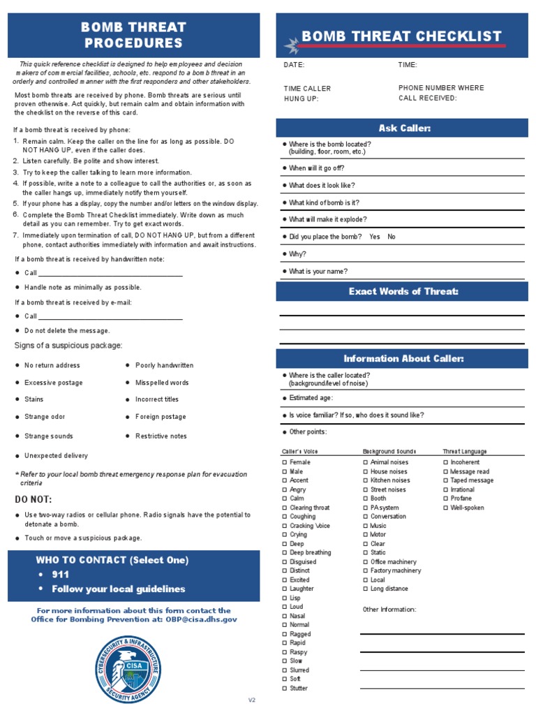 Bomb Threat Procedure Checklist | PDF | Communication