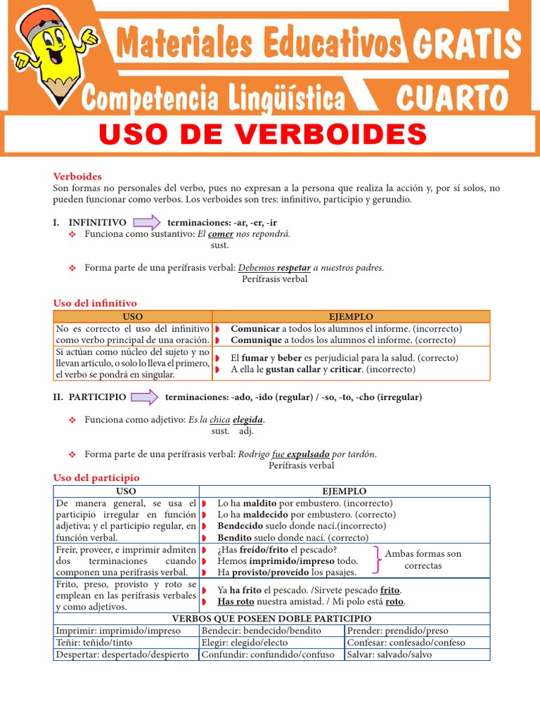 Uso de Verboides para Cuarto Grado de Secundaria | PDF | Verbo ...