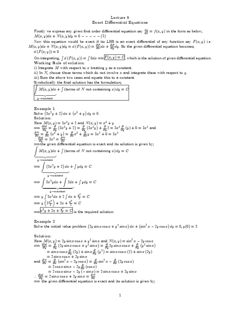 Exact Differential Equations Guide | PDF | Equations | Trigonometric ...