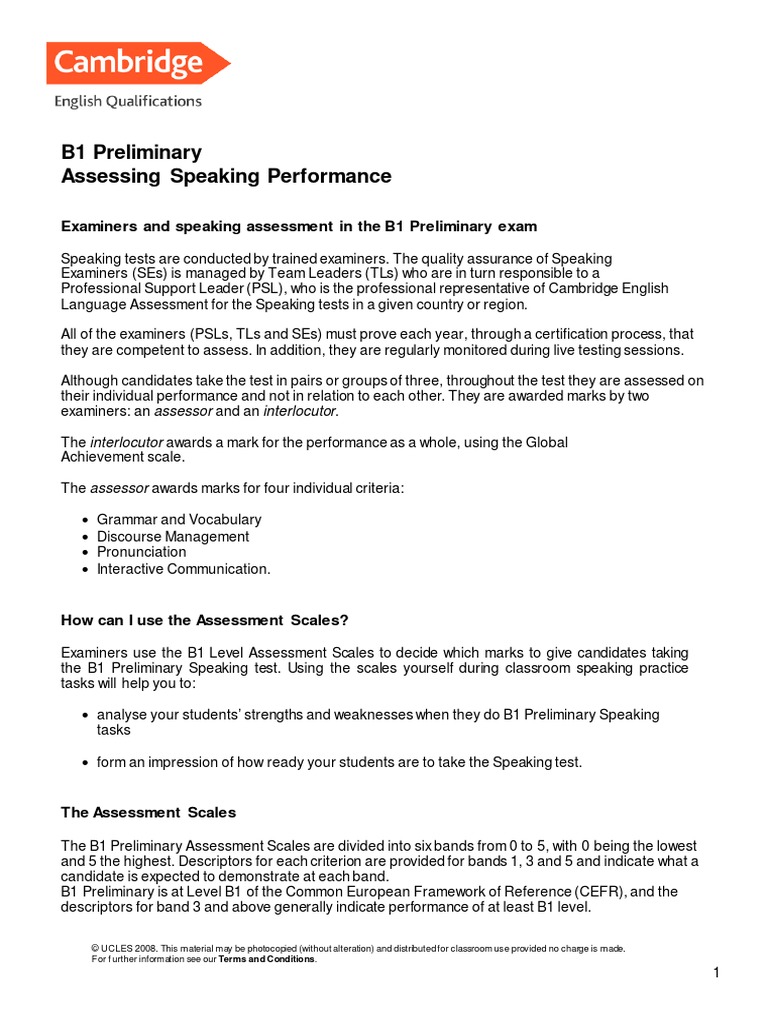 B1 Preliminary Speaking Assessment Guide | PDF | Cognition | Communication