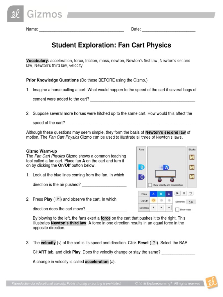 Student Exploration: Fan Cart Physics: Vocabulary: Acceleration, Force ...