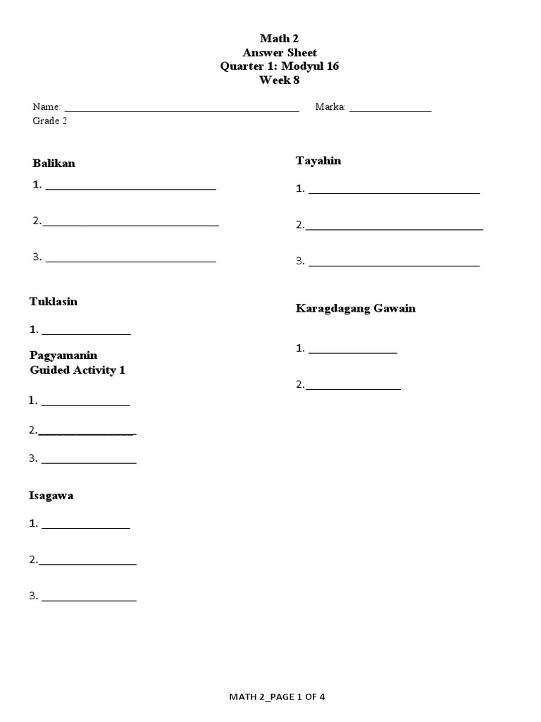 Math 2 Answer Sheet Quarter 1: Modyul 16 Week 8 | PDF