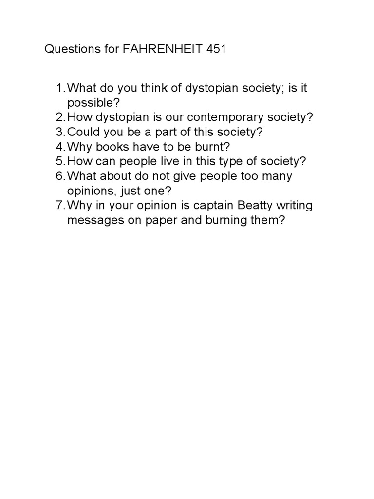 Questions For FAHRENHEIT 451 | PDF | Social Science | Philosophy