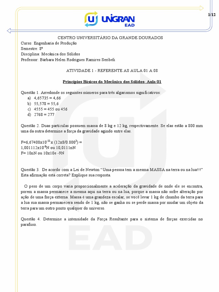 Atividade 01 | PDF | Estresse (Mecânica) | Viga