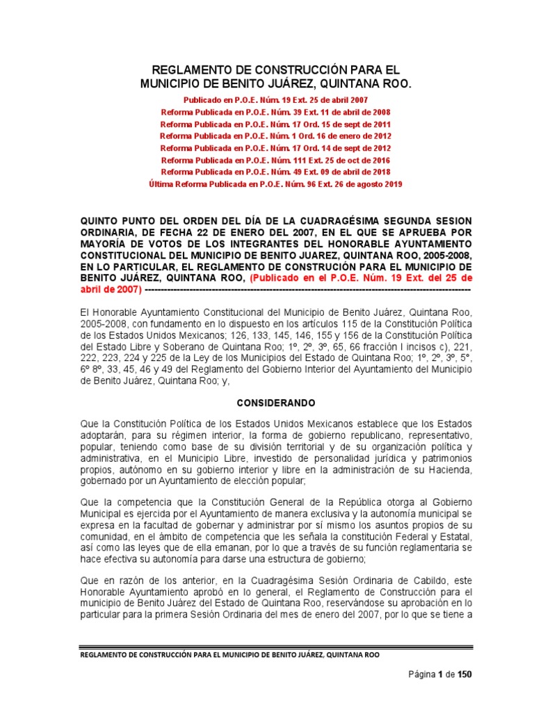 08-Reglamento de Construcción para El Municipio de Benito Juárez, Quintana Roo | PDF ...