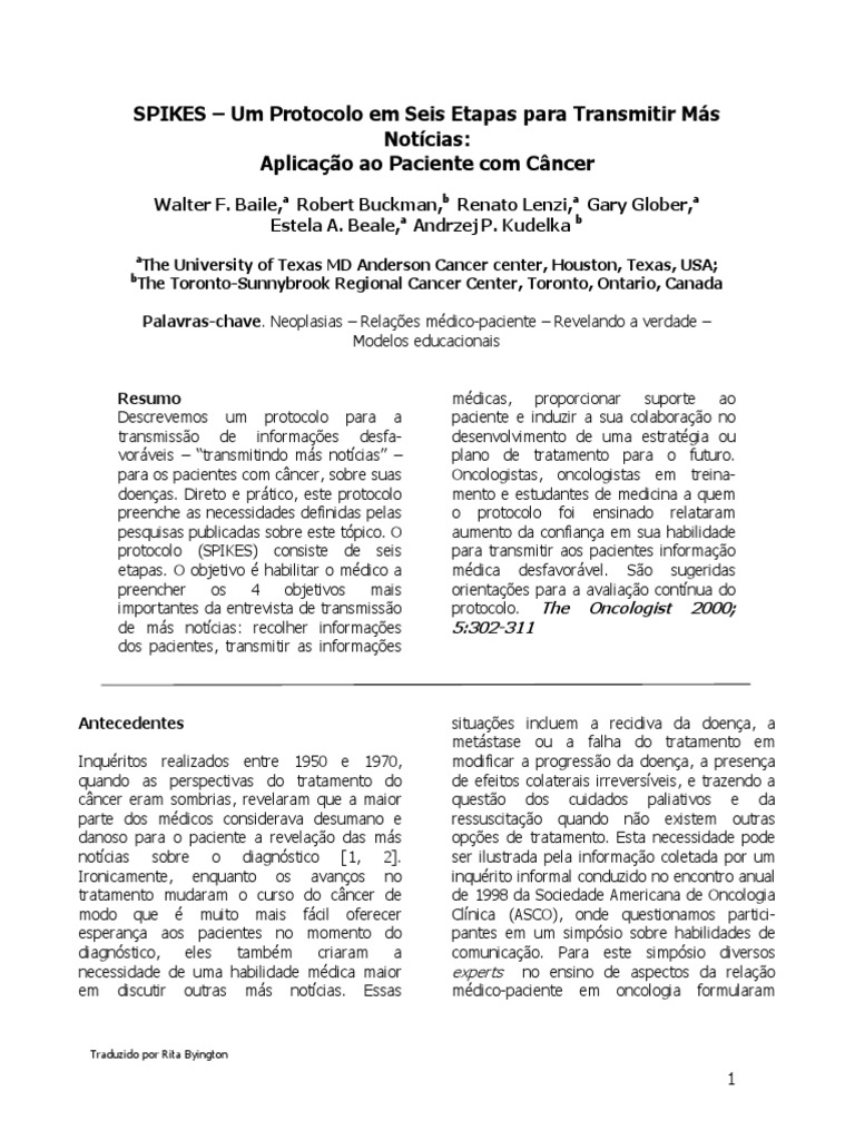 SPIKES - Um Protocolo em Seis Etapas para Transmitir Más Notícias ...