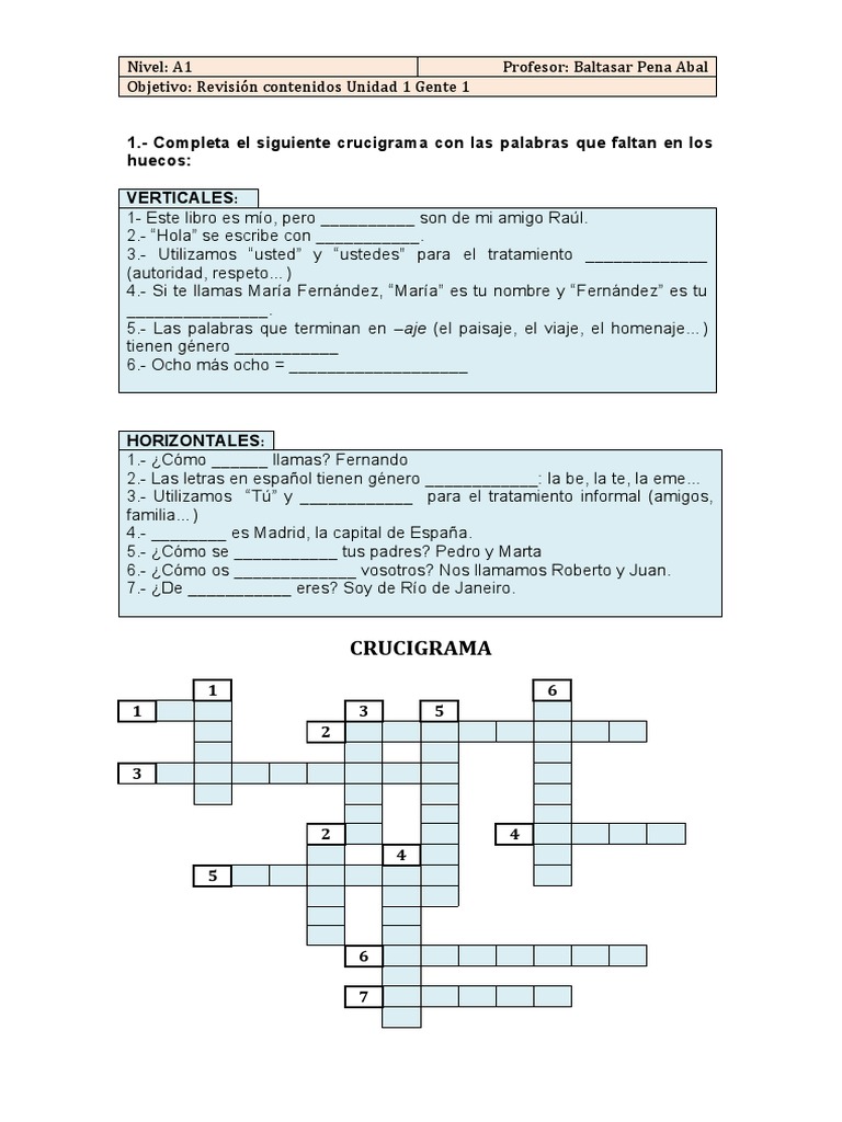 Crucigrama Unidad 1 | PDF