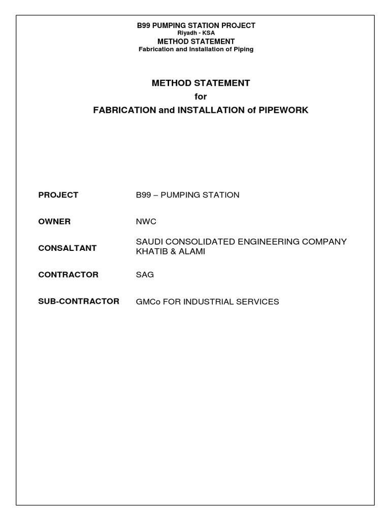 Method Statement For Piping Works - B99 Pump Station | PDF | Pipe ...
