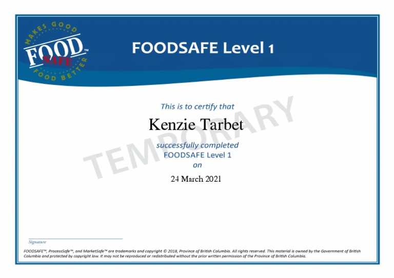 Foodsafe Level 1 Ed Walker 14508-Temporary Certificate 64433 | PDF