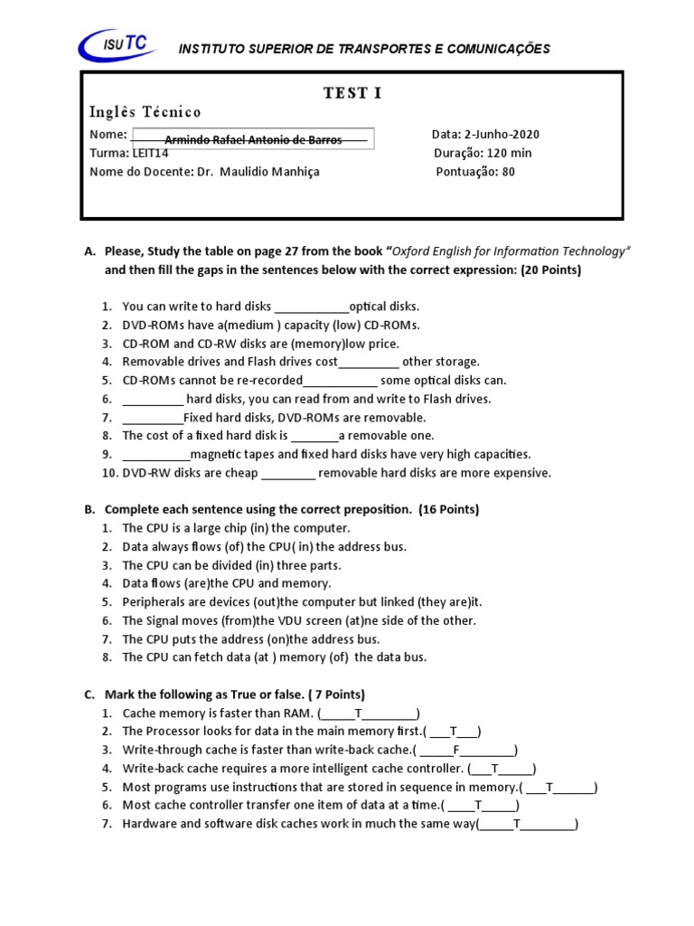 Test 1 Leit 2020 Pdf Cache Computing Computer Data Storage