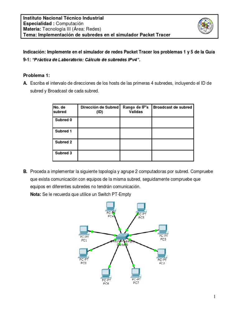 Guia-9-2 (Ejercicios de Subneteo (Diseño en Packet Tracer) ) | PDF