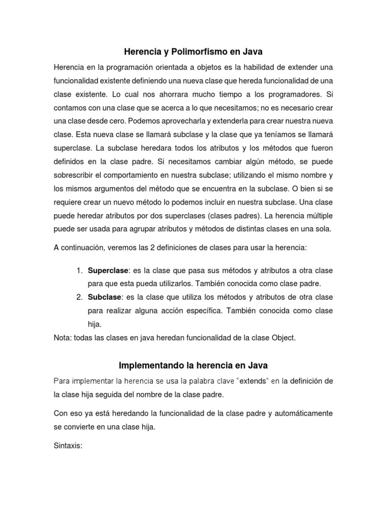 Herencia y Polimorfismo en Java | PDF | Herencia (Programación Orientada a Objetos) | Modelos de ...