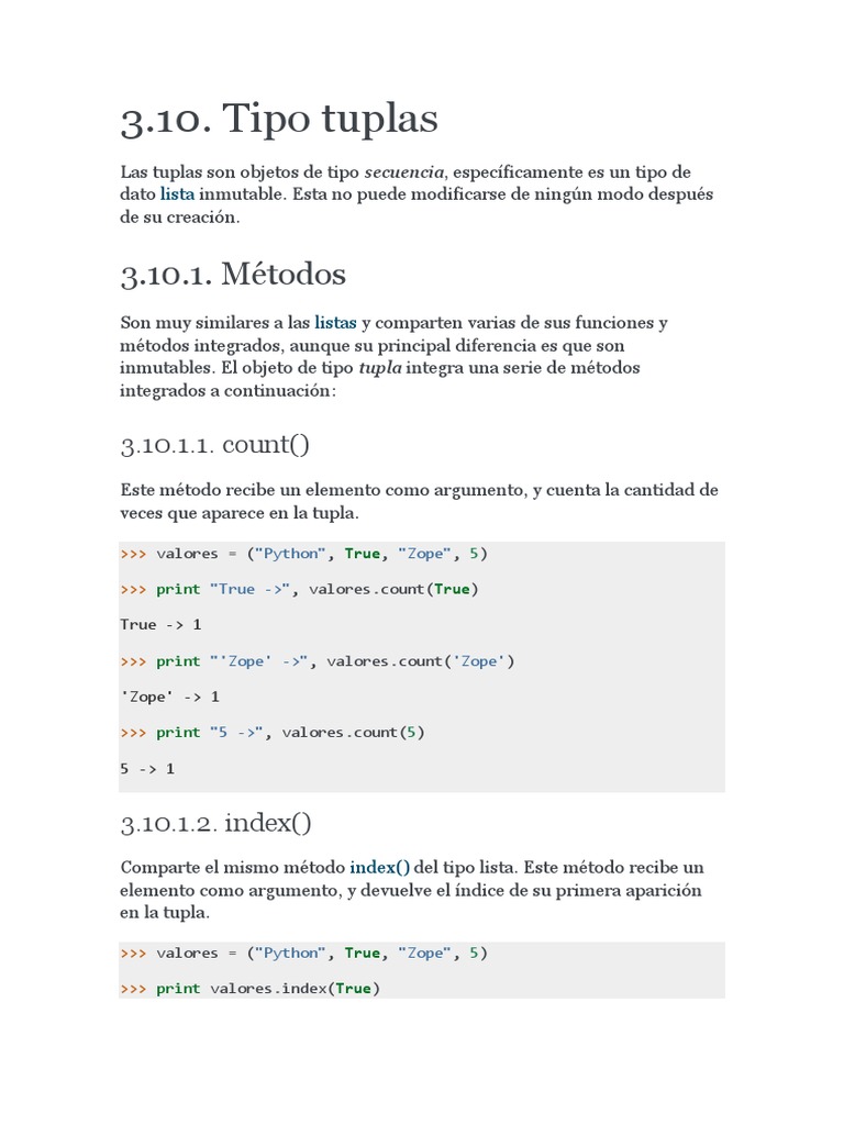 3.10. Tipo Tuplas: 3.10.1. Métodos | PDF | Python (lenguaje de ...