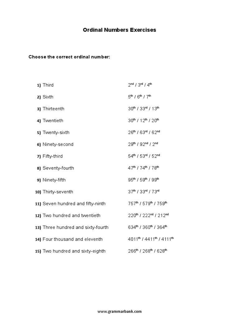 Ordinal Numbers Exercise | PDF