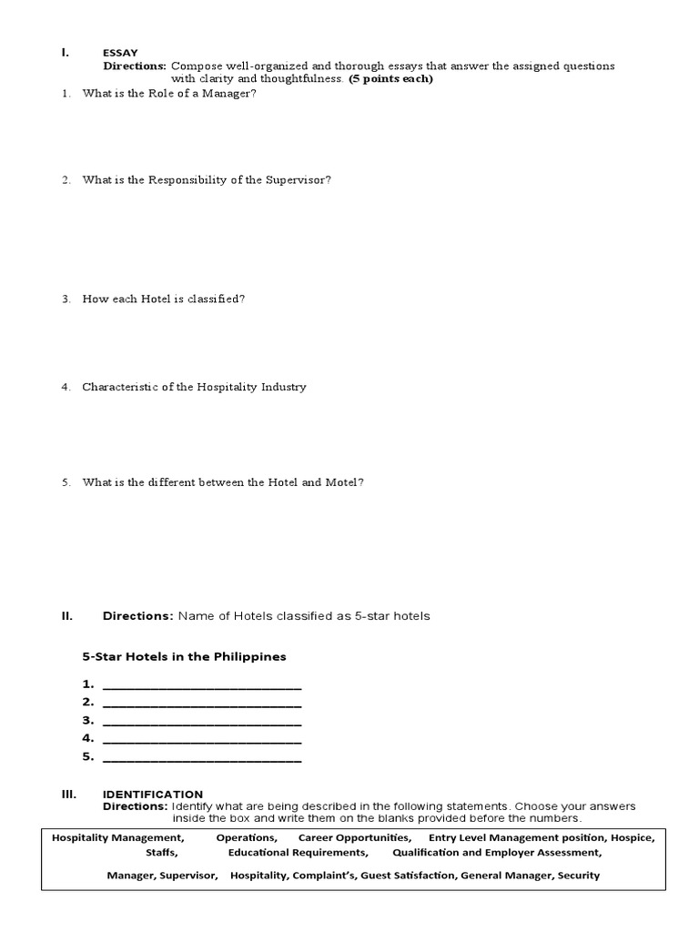 I. Essay Directions: Compose Well-Organized and Thorough Essays That ...