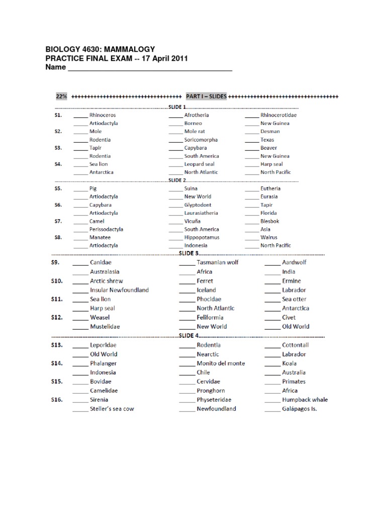 Biology 4630: Mammalogy Practice Final Exam Name | PDF | Bat | Organisms