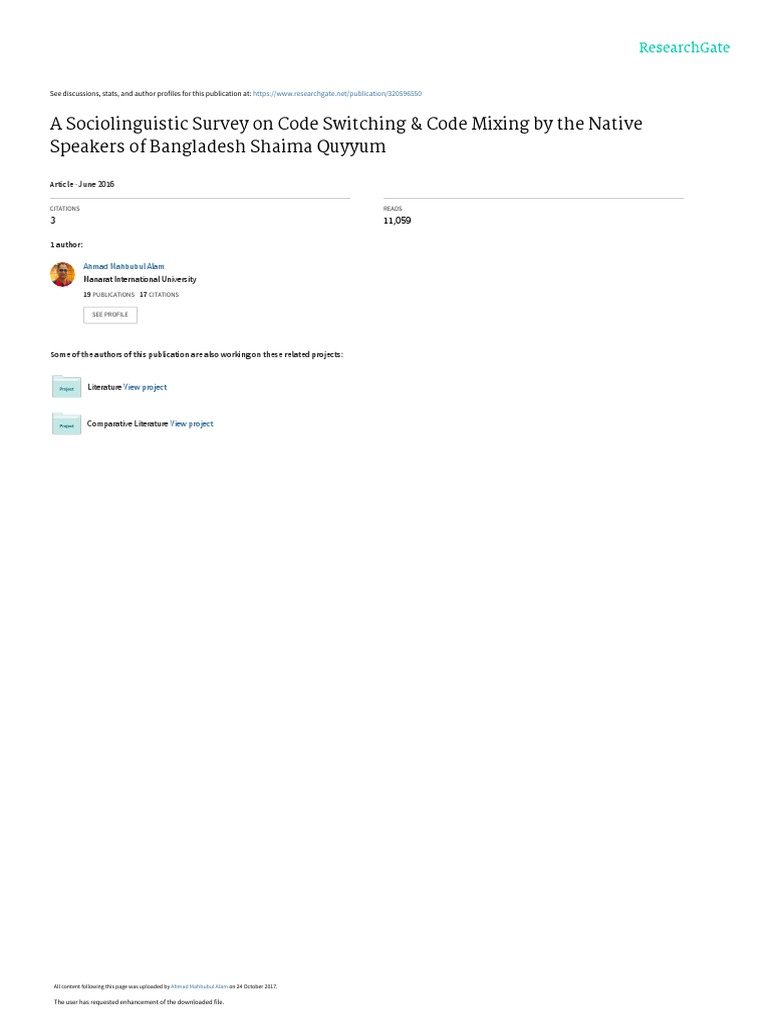 A Sociolinguistic Survey on Code Switching and Mixing Among Native ...