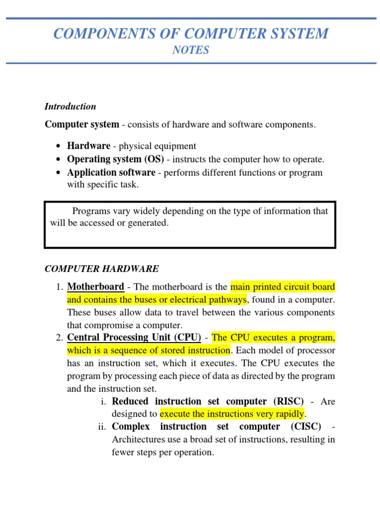 Components of Computer System | PDF | Central Processing Unit | Random Access Memory