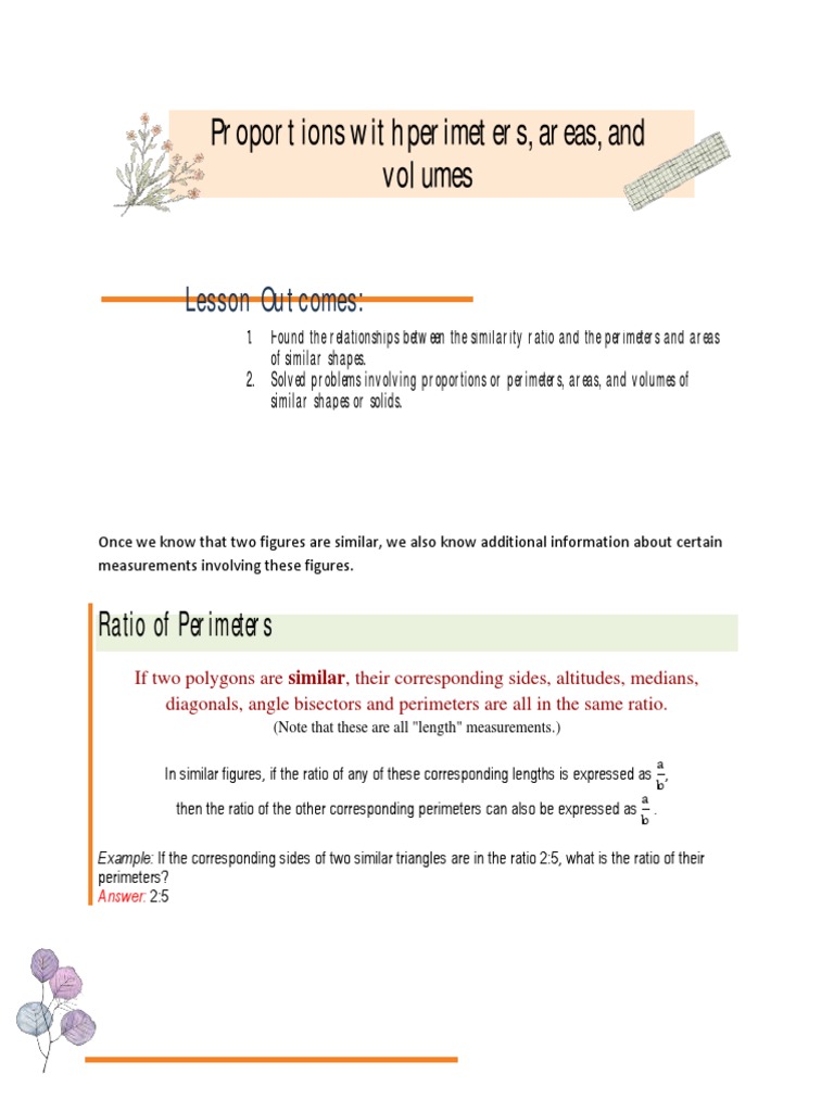 Proportions With Perimeters, Areas and Volumes | PDF | Area | Ratio